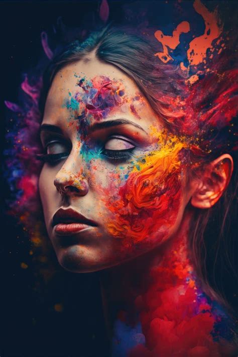 Abstract Art In Portrait Colorful Double Exposure Makeup Stock