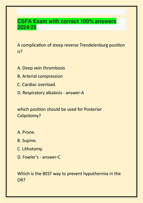 CSFA Exam Questions And Answers Surgical Procedures And Patient