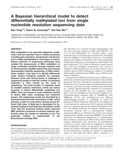 Pdf A Bayesian Hierarchical Model To Detect Differentially Methylated Loci From Single