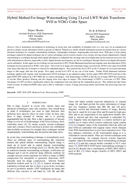 pdf hybrid method for image watermarking using 2 level lwt walsh transformsvd in ycbcr color space