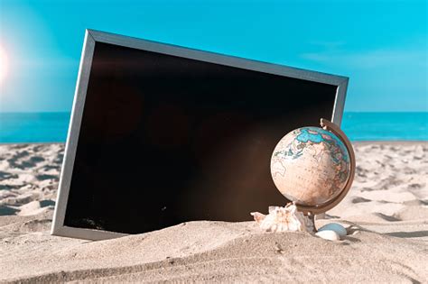 여름 배경 나무 화창한 날에는 바다 해변의 검은 책상 근처에서 글로브 조개 비행기 및 불가사리 텍스트공간을 복사합니다 배경 주제에 대한 스톡 사진 및 기타 이미지 Istock