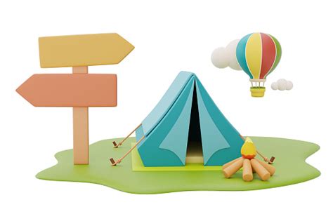 관광 캠핑 텐트 캠프 파이어 캠핑 장소 여름 캠프 개념 3d 렌더링에 푯말이있는 열기구 디지털 생성 이미지에 대한 스톡 사진 및 기타 이미지 Istock