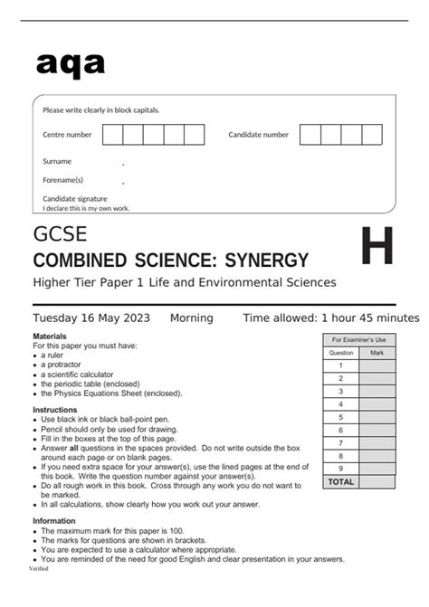 Aqa GCSE Combined Science Synergy H Question Paper And Mark Scheme June Stuvia US