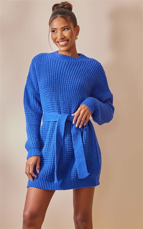 Bright Blue Waffle Knitted Sweater Dress Knitwear Prettylittlething Usa
