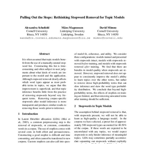 Pulling Out The Stops Rethinking Stopword Removal For Topic Models Acl Anthology