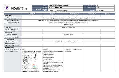 Dll Esp 3 Q1 W3 Bachelor Of Elementary Education Grades 1 To 10