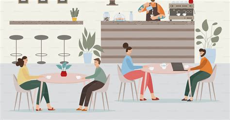 바리스타와 고객들이 커피를 마시며 소통하는 커피숍 내부 평면 벡터 삽화 남자와 여자가 테이블에 앉아 있는 커피 레스토랑 풍경 벡터 Unsplash의 빵집 이미지