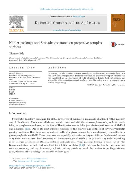 Kähler Packings And Seshadri Constants On Projective Complex Surfaces Pdf