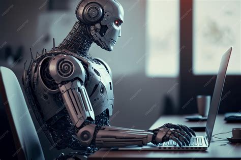 Premium Photo Ai Chatbot Robot Sitting At Desk Using Computer