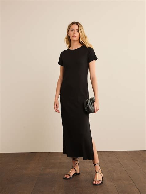 Buy Black Ribbed T Shirt Style Column Maxi Dress With Slit Detail From