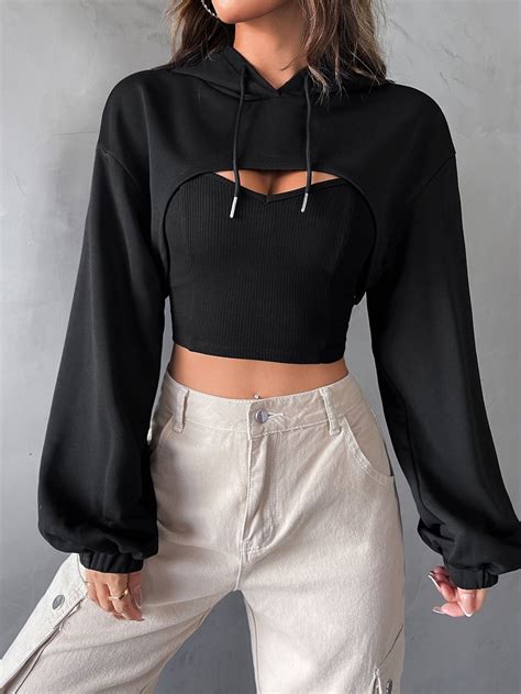 Drop Shoulder Super Crop Drawstring Hoodie Without Camisole Sporty