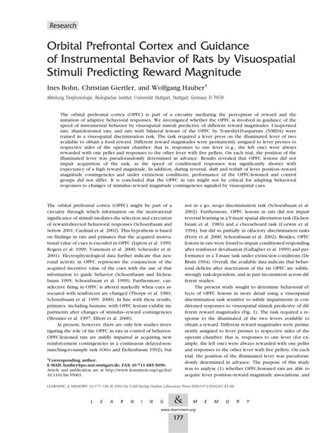 Pdf Orbital Prefrontal Cortex And Guidance Of Instrumental Behavior Of Rats By Visuospatial
