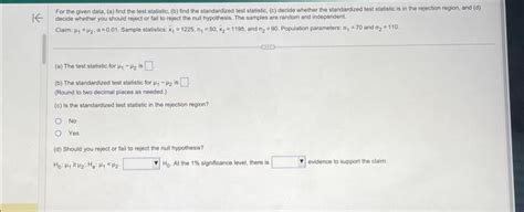 solved for the given dats a find the test stalistic b