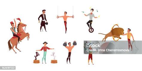 서커스 캐릭터 세트 곡예사와 광대 요술쟁이와 스트롱맨 의상을 입은 조련사 어릿광대 서커스 공연자에 대한 스톡 벡터 아트 및 기타 이미지 어릿광대 서커스 공연자 벡터