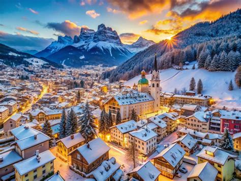 A Majestic Winter Wonderland Aerial Panorama Of Ortisei In The