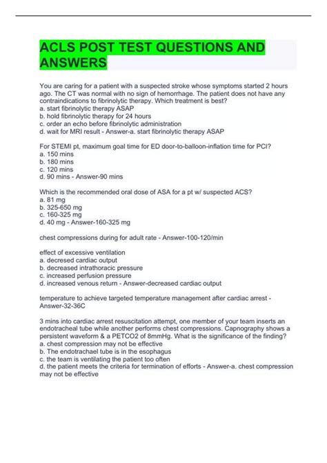 ACLS POST TEST QUESTIONS AND ANSWERS ACLS Stuvia US