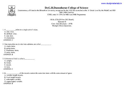 Data Structures Multiple Choice Question Drgr College Of Science Autonomous Affiliated To