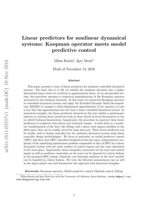 Pdf Linear Predictors For Nonlinear Dynamical Systems Koopman