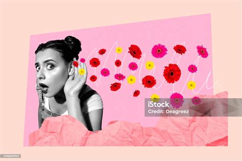 흥분한 예쁜 소녀의 크리 에이 티브 복합 일러스트 사진 콜라주 귀에 손바닥을 들고 페인트 배경에 고립 된 소문을 듣습니다 개념에 대한 스톡 사진 및 기타 이미지 Istock