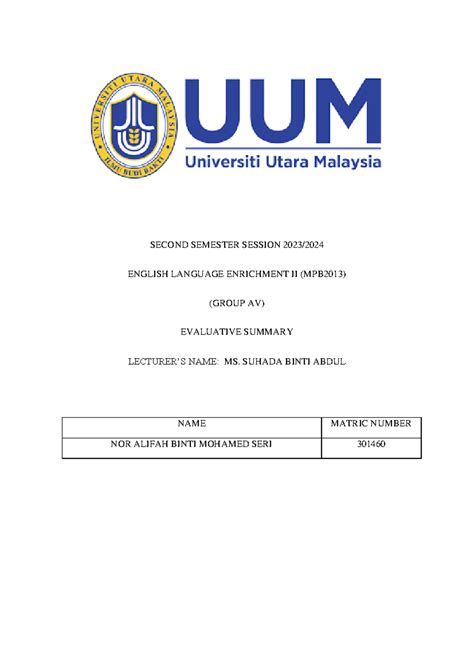 Evaluative Summary English Proficiency I Second Semester Session 2023 English Language