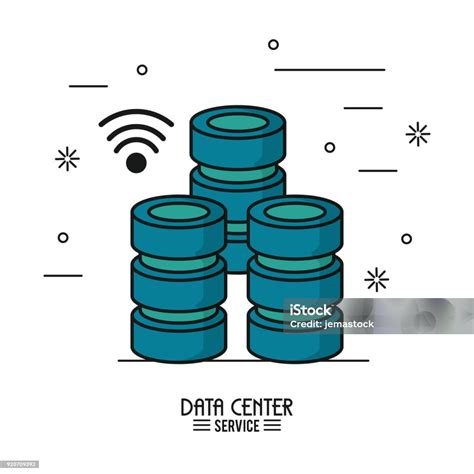 데이터의 화려한 포스터 센터 컴퓨터 서버 아이콘 및 무선 신호 서비스 네트워크 서버에 대한 스톡 벡터 아트 및 기타 이미지 네트워크 서버 다중 색상 단면도 Istock