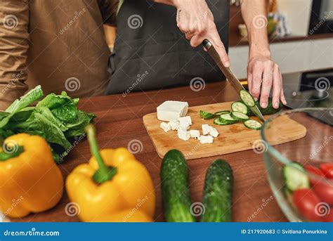 Same Sex Male Pair Cutting Cucumber For Salad Stock Image Image Of