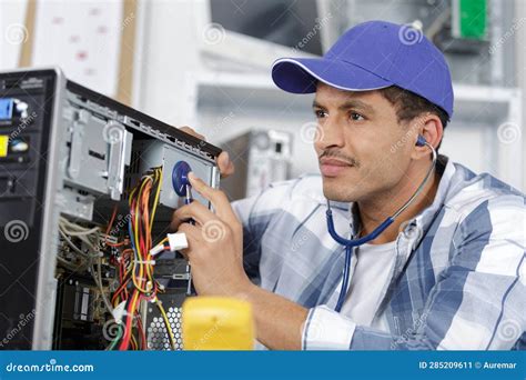 Man Fixing Circuit Board Computer Stock Image Image Of Maintenance Work