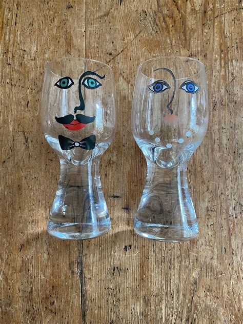 Vintage Unique Barware Drinking Glasses With Painted Faces Etsy