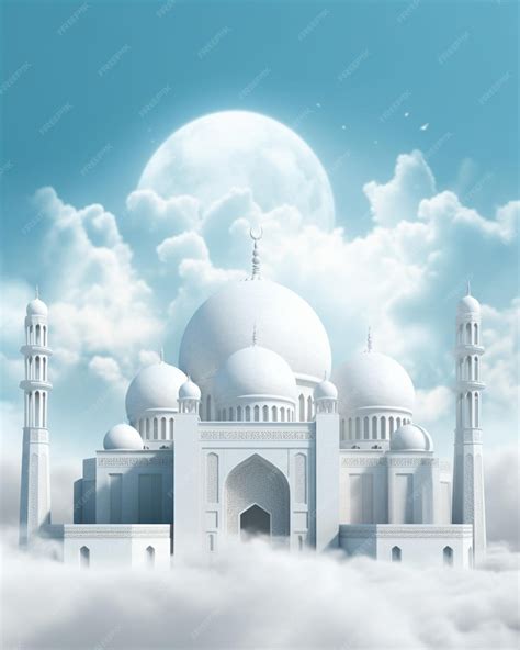 A White Mosque In The Clouds With A Blue Sky And The Moon In The