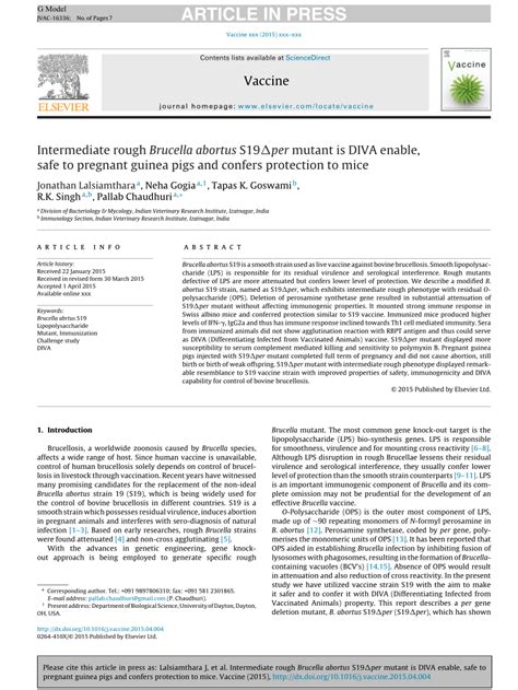 Pdf Intermediate Rough Brucella Abortus S19Δper Mutant Is Diva Enable Safe To Pregnant Guinea