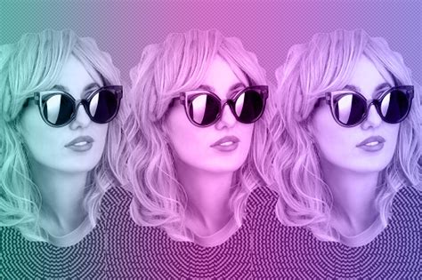 선글라스를 착용한 펑키 한 여성 미친 아가씨와 질감 모양 그라데이션의 초현실적 인 구성 현대 미술 콜라주 진 문화 팝 아트