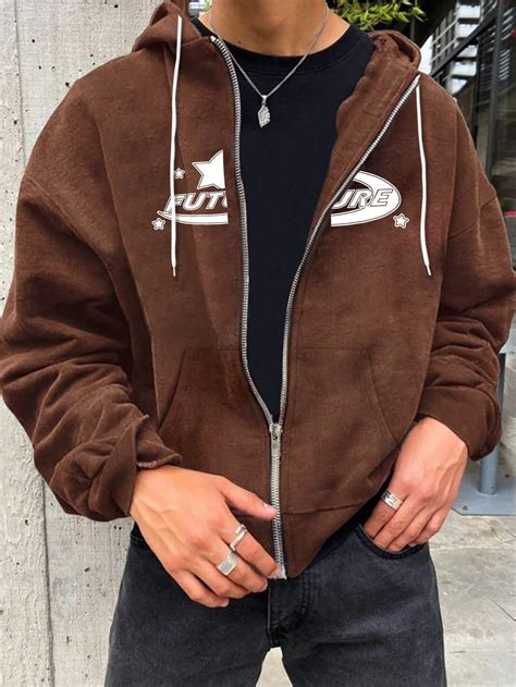 Manfinity Hypemode Loose Fit Letter And Star Print Zipper Closure