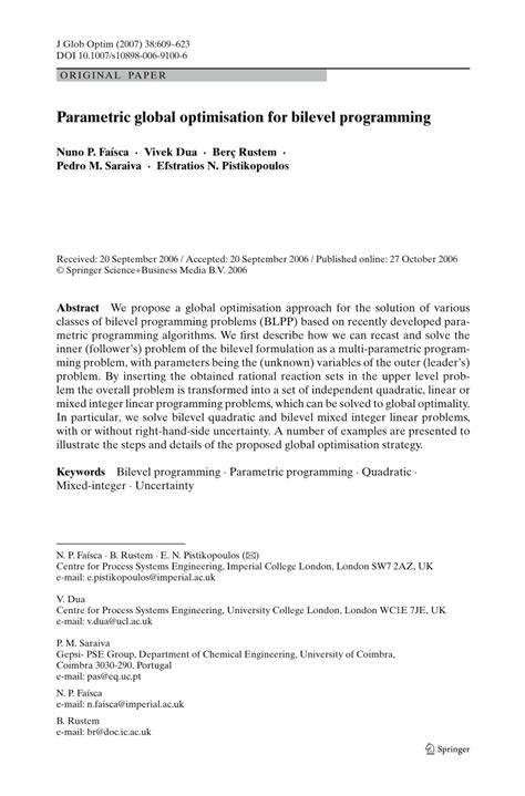 Pdf Parametric Global Optimisation For Bilevel Programming