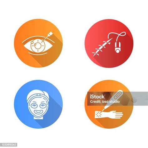 의료 절차 플랫 디자인 긴 그림자 문립 아이콘 세트 시력 교정 시력 장애 바느질 열린 상처 미용 술 팔에 레이저 치료 의료 벡터