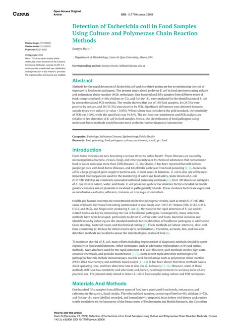 Pdf Detection Of Escherichia Coli In Food Samples Using Culture And Polymerase Chain Reaction
