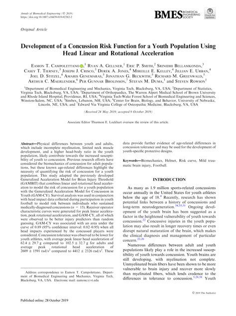 Pdf Development Of A Concussion Risk Function For A Youth Population Using Head Linear And