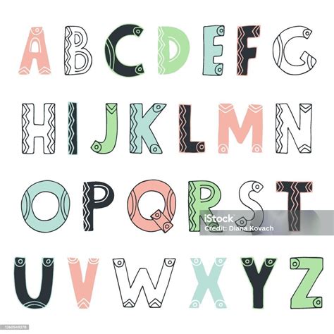 Tangan Dekoratif Digambar Abc Latin Alfabet Font Tipografi Bahasa Inggris Yang Lucu Huruf Dalam