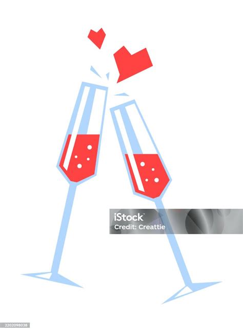샴페인 안경은 축하 사랑 그리고 특별한 경우를 상징하는 플랫 벡터 일러스트 레이 션에서 떠 다니는 마음으로 깜박이며 흰색 배경에 고립되어 있습니다 고급 요리에 대한 스톡