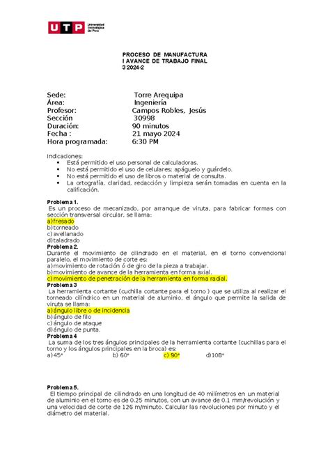 Avance De Trabajo Final 3 Proceso De Manufactura I Avance De Trabajo Final 3 2024 Sede Torre