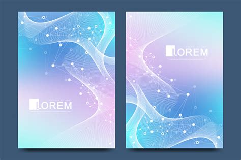 브로셔 전단지 전단지 커버 A4 크기의 카탈로그를 위한 최신 벡터 템플릿입니다 Dna 나선 Dna 가닥 분자 또는 원자 뉴런 과학 또는 의학 배경을 위한 추상구조 책표지에