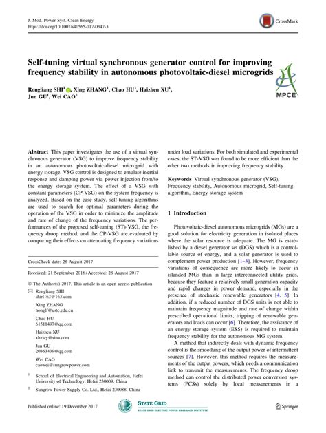 Pdf Self Tuning Virtual Synchronous Generator Control For Improving