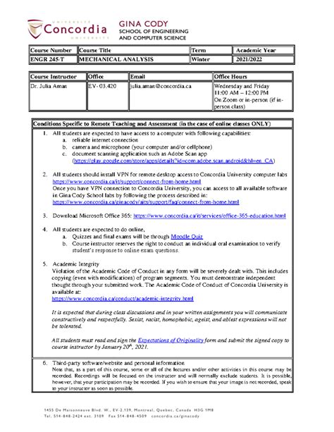 Course Outline ENGR T Revised With Prof Julia Aman Course Number Course Title Term Academic