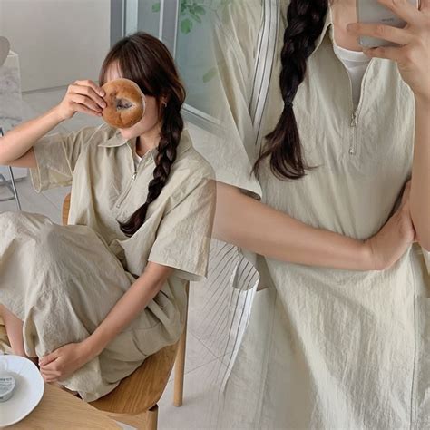 핫핑 바스락캐주얼무드🤍 Made 라펠스 나일론 반집업 반팔 롱원피스44~110 카라넥롱원피스 반소매롱원피스 바스락롱원피스 장마룩 여름롱원피스 페스티벌룩