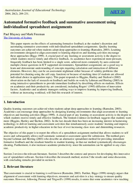 Pdf Automated Formative Feedback And Summative Assessment Using Individualised Spreadsheet