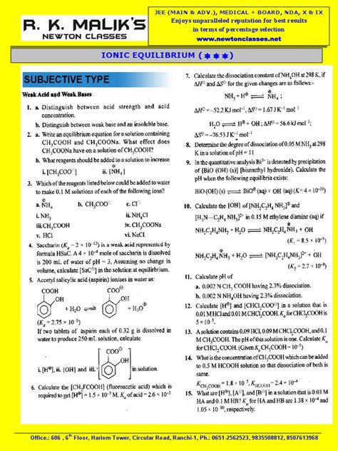 Ionic Equilibrium Important Problems For Jee Main And Jee Advanced Pdf Analytical Chemistry