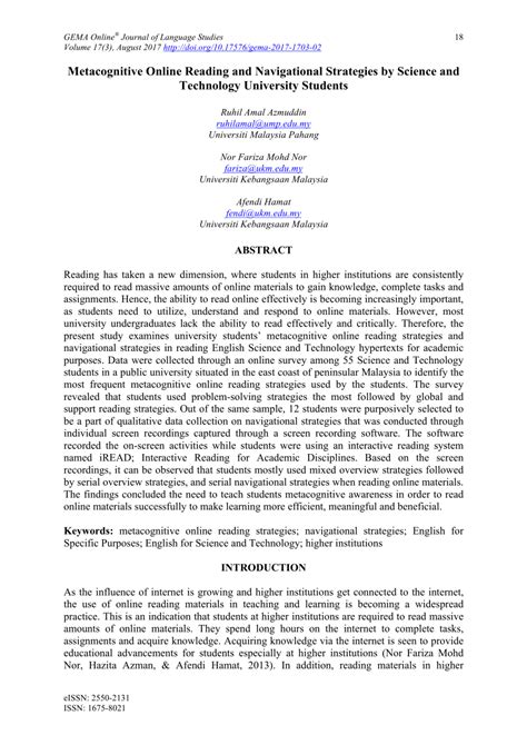 Pdf Metacognitive Online Reading And Navigational Strategies By Science And Technology