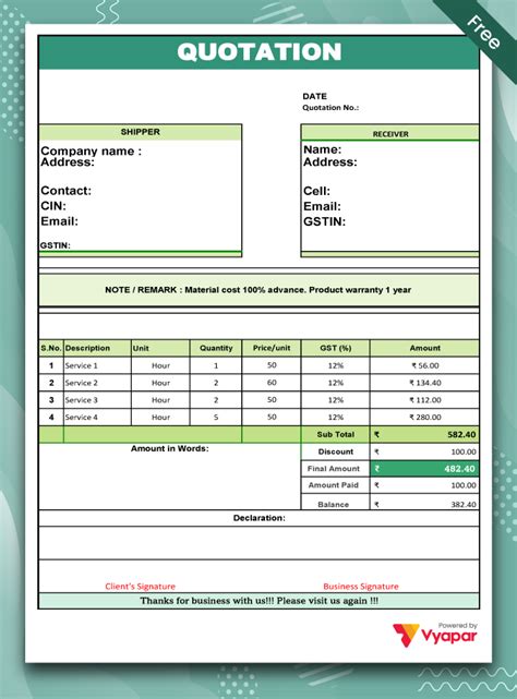 Quotation Format In Excel Download Free Templates