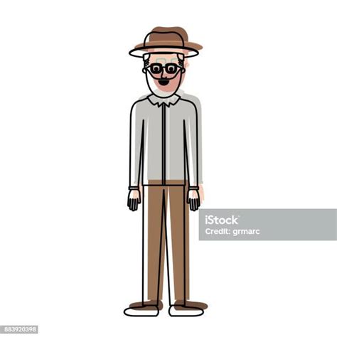 모자와 안경 및 셔츠와 바지와 신발 짧은 머리와 수채화 실루엣에 수염을 가진 남자 경영자에 대한 스톡 벡터 아트 및 기타 이미지