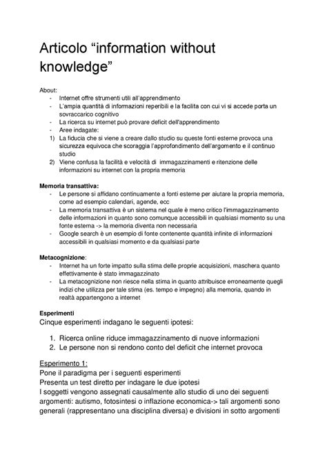 Traduzione E Riassunto Dellarticolo “information Without Knowledge” Docsity