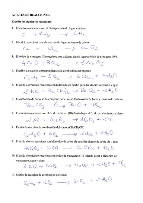 Ajuste De Reacciones QuÍmicas Con Soluciones Ejercicios De Química